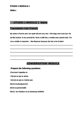Studio 1 Module 1 French assessments/ revision for tests. | Teaching ...