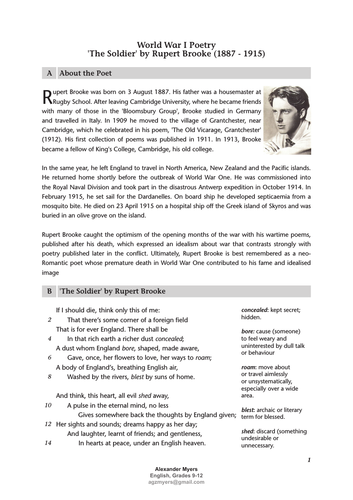 World War I Poetry: The Soldier by Rupert Brooke | Teaching Resources