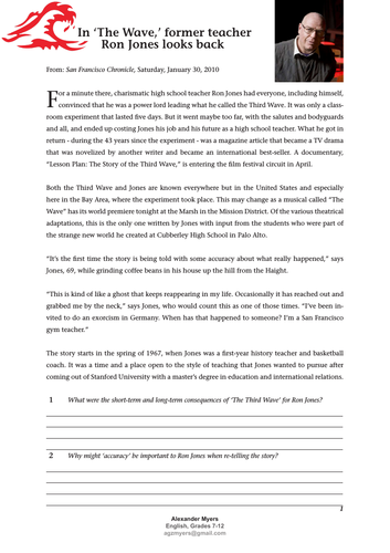 Morton Rhue - The Wave - Context & Background (Ron Jones Newspaper ...