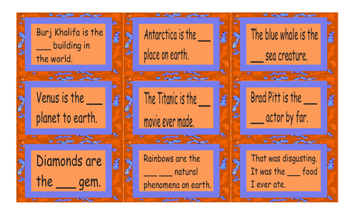 Superlative Adjectives Legal Size Text Card Game | Teaching Resources