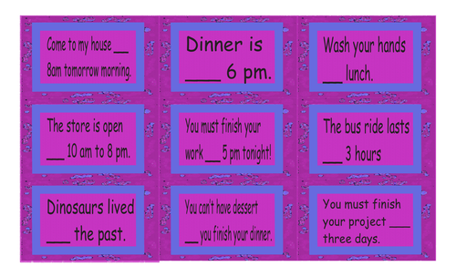 Time Prepositions Legal Size Text Card Game | Teaching Resources