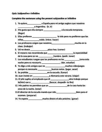 quiz subjunctive v infinitive | Teaching Resources