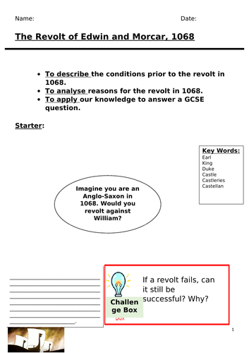 The Revolt of Edwin and Morcar, 1068 full lesson -Paper 2– Edexcel GCSE ...