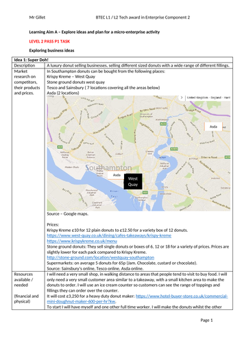 BTEC Tech award in Enterprise level 1 / 2 example coursework answer for ...