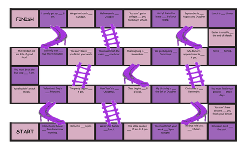 Time Prepositions Legal Size Text Chutes and Ladders Game | Teaching ...