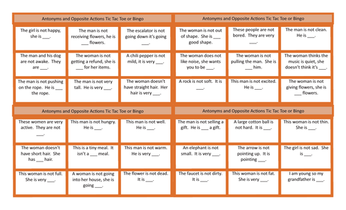 Antonyms and Opposite Actions Legal Size Text Tic-Tac-Toe-Bingo Game ...