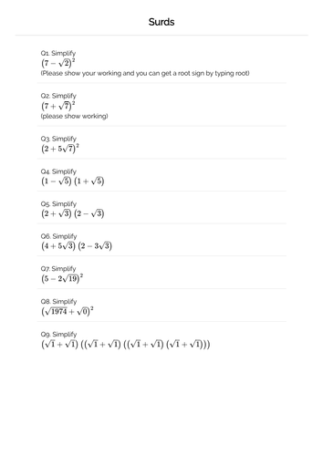 Surds Maths GCSE on-line interactive exercise | Teaching Resources