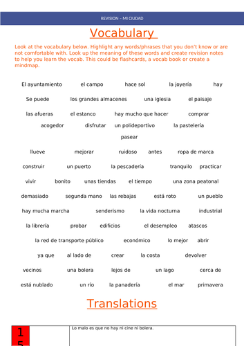 GCSE Revision Pack - Unit 5 Mi Ciudad | Teaching Resources