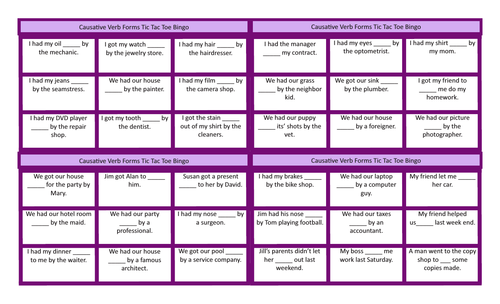 Causative Verb Forms Legal Size Text Tic-Tac-Toe-Bingo Game | Teaching ...