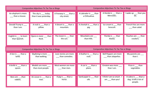 Comparative Adjectives Legal Size Text Tic-Tac-Toe-Bingo Game ...