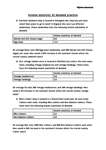 EDEXCEL Alevel Business 1.2.5 Income elasticity of demand YED practice ...