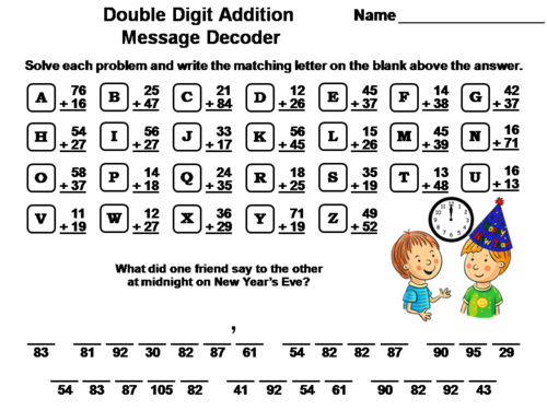 Double Digit Addition With Regrouping New Year's Math Activity: Message ...