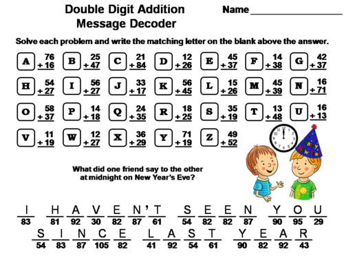 Double Digit Addition With Regrouping New Year's Math Activity: Message ...