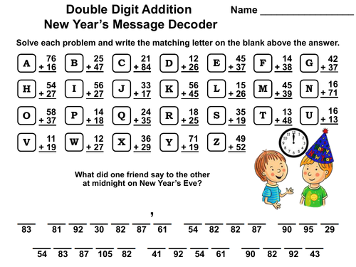 Double Digit Addition With Regrouping New Year's Math Activity: Message ...