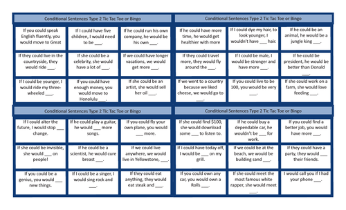 Conditional Sentences Type 2 Legal Size Text Tic-Tac-Toe-Bingo Game ...