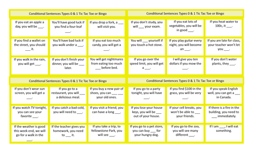 Conditional Sentences Types 0 & 1 Legal Size Text Tic-Tac-Toe-Bingo ...