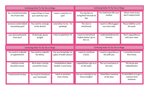 Confusing Verbs Legal Size Text Tic-Tac-Toe-Bingo Game | Teaching Resources