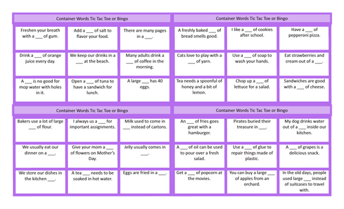 Container Words Legal Size Text Tic-Tac-Toe-Bingo Game | Teaching Resources