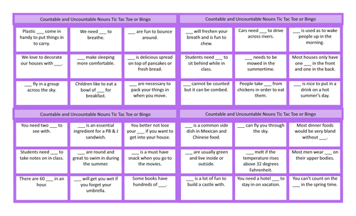 Countable and Uncountable Nouns Legal Size Text Tic-Tac-Toe-Bingo Game ...