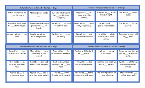 Future Continuous Tense Legal Size Text Tic-Tac-Toe-Bingo Game ...