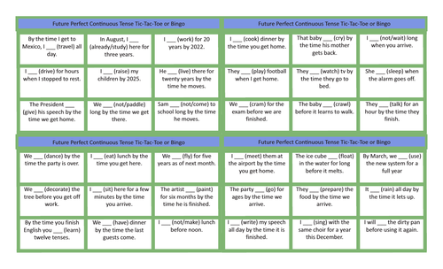 Future Perfect Continuous Tense Legal Size Text Tic-Tac-Toe-Bingo Game ...