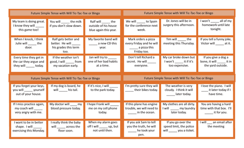 Future Simple Tense with Will Legal Size Text Tic-Tac-Toe-Bingo Game ...