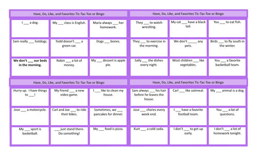 Have, Do, Like, and Favorites Legal Size Text Tic-Tac-Toe-Bingo Game ...