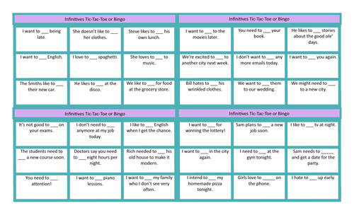 Infinitives Legal Size Text Tic-Tac-Toe-Bingo Game | Teaching Resources