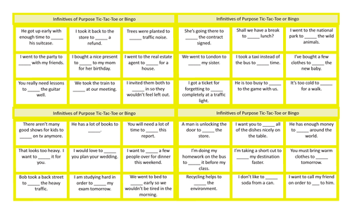 Infinitives of Purpose Legal Size Text Tic-Tac-Toe-Bingo Game ...