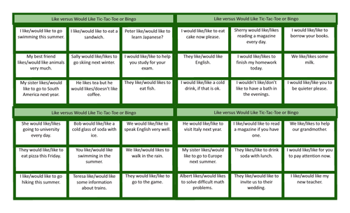 Like versus Would Like Legal Size Text Tic-Tac-Toe-Bingo Game ...