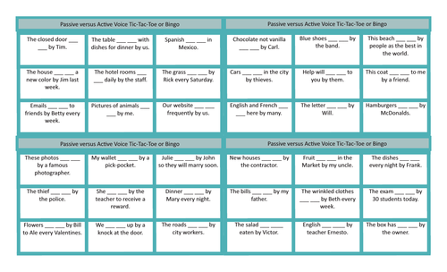 Passive versus Active Voice Legal Size Text Tic-Tac-Toe-Bingo Game ...
