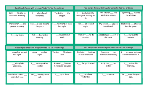 Past Simple Tense with Irregular Verbs Legal Size Text Tic-Tac-Toe ...