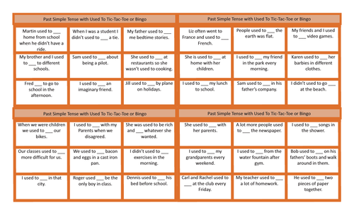Past Simple Tense with Used To Legal Size Text Tic-Tac-Toe-Bingo Game ...