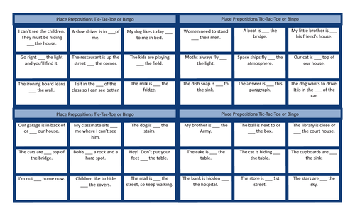 Place Prepositions Legal Size Text Tic-Tac-Toe-Bingo Game | Teaching ...