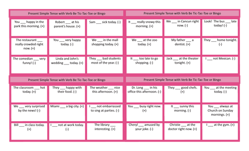 Present Simple with Verb Be Legal Size Text Tic-Tac-Toe-Bingo Game ...