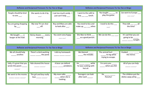 Reflexive and Reciprocal Pronouns Legal Size Text Tic-Tac-Toe-Bingo ...