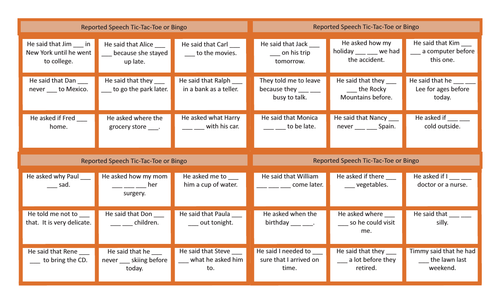 Reported Speech Legal Size Text Tic-Tac-Toe-Bingo Game | Teaching Resources