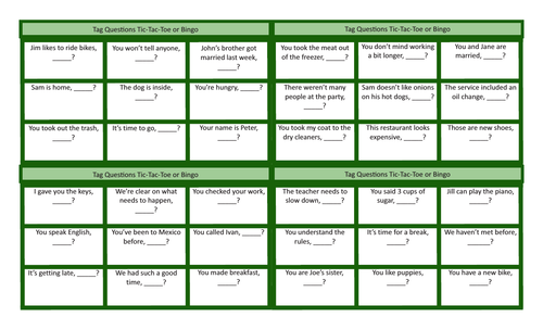 Tag Questions Legal Size Text Tic-Tac-Toe-Bingo Game | Teaching Resources