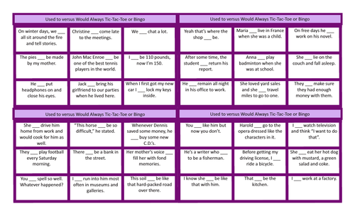 Used to versus Would Always Legal Size Text Tic-Tac-Toe-Bingo Game ...