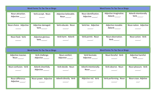 Word Forms Legal Size Text Tic-Tac-Toe-Bingo Game | Teaching Resources