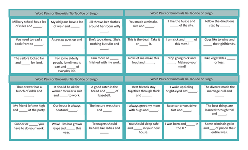 Word Pairs or Binomials Legal Size Text Tic-Tac-Toe-Bingo Game ...