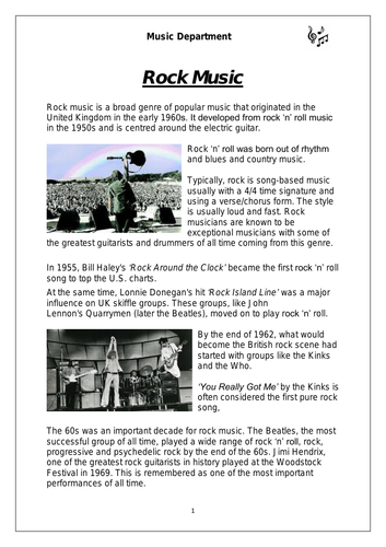 KS3 Music Cover Resource – Rock Music worksheet (for middle sets ...