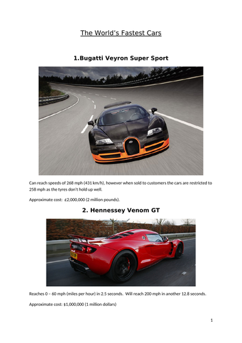 The World's Fastest Cars | Teaching Resources