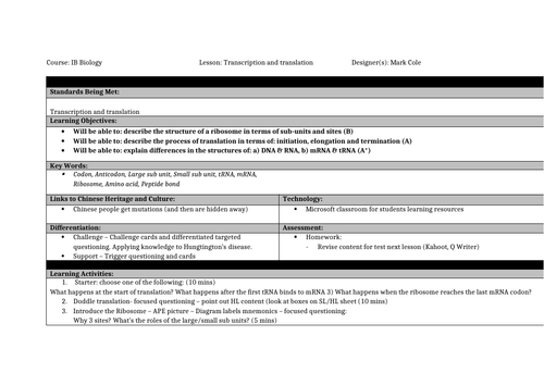 IB Biology HL Unit 7 - Transcription and Translation | Teaching Resources