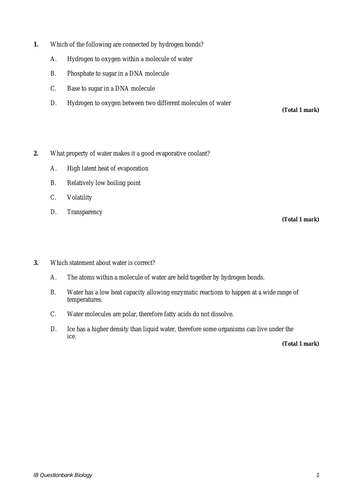 IB Biology SL Unit 2 - Water | Teaching Resources