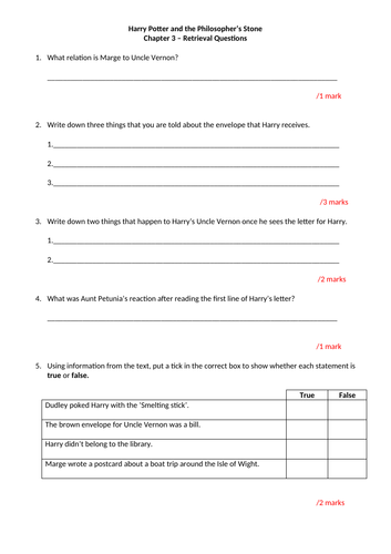 Year 6 - Retrieval Questions - Harry Potter Chapter 3 | Teaching Resources