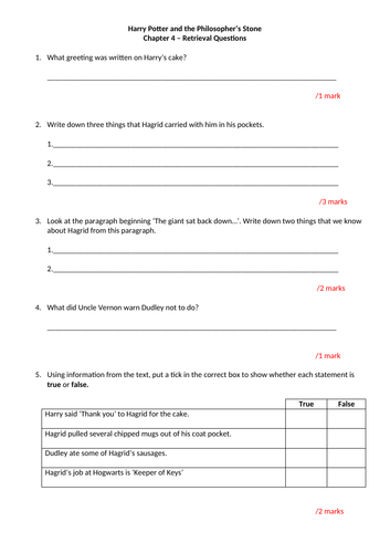 Year 6 - Retrieval Questions - Harry Potter Chapter 4 | Teaching Resources