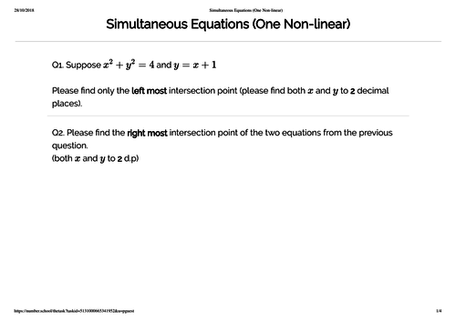 Simultaneous Equations (One non-linear) GCSE grades 7-9 | Teaching ...