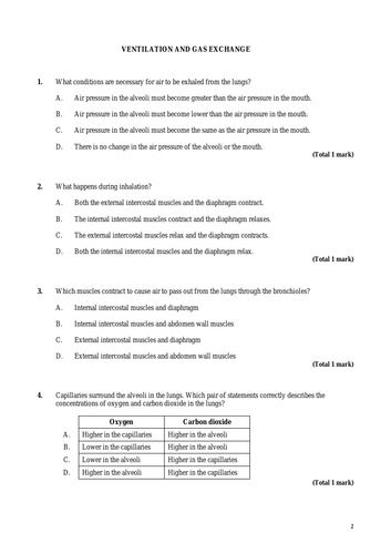 IB Biology SL Unit 6 - Ventilation and gas exchange | Teaching Resources