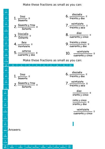 Spanish/Maths Simplifying fractions numbers 1-100 | Teaching Resources